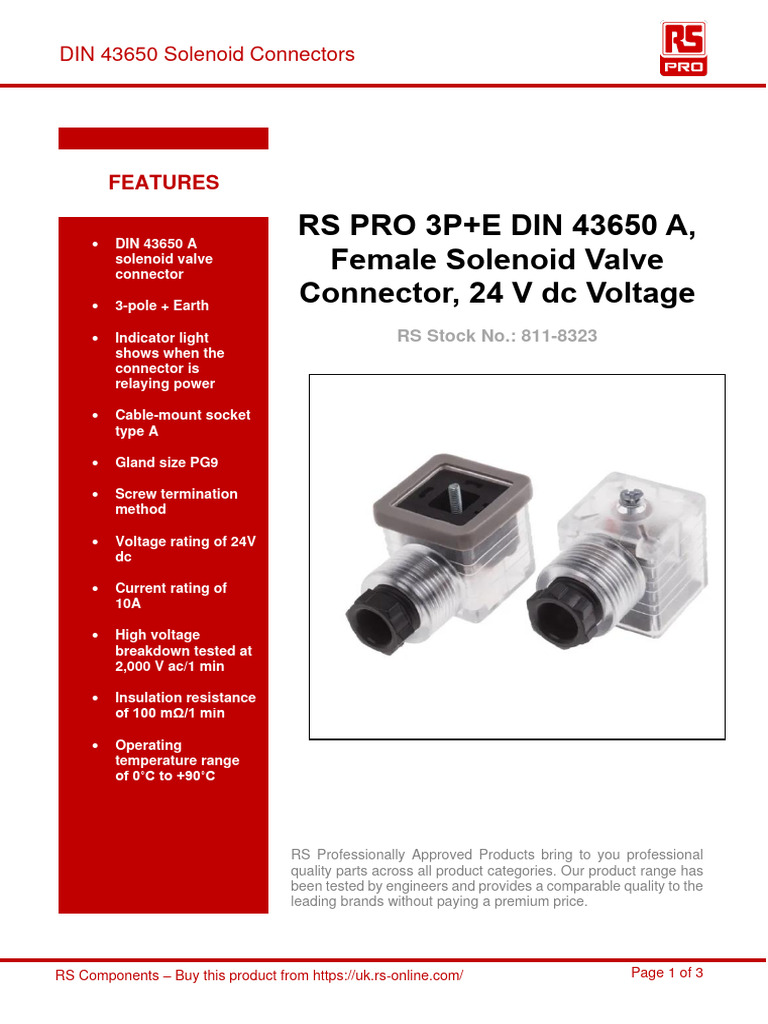 RS PRO 3P+E DIN 43650 A, Female Solenoid Valve Connector, 24 V DC ...