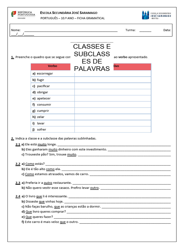 4 - Ficha Classes e Subclasses Palavras | PDF | Pronome | Famílias ... 4 - Ficha Classes e Subclasses Palavras | PDF | Pronome | Famílias ...