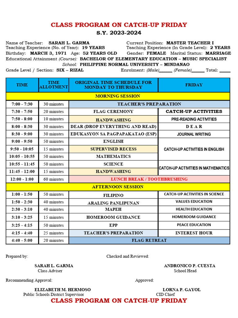 2023 2024 Class Catch Up Friday Program | Download Free PDF | Teachers ...