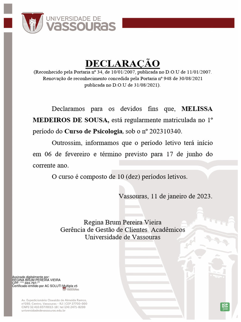 Declaração de Matrícula - Melissa Medeiros | PDF