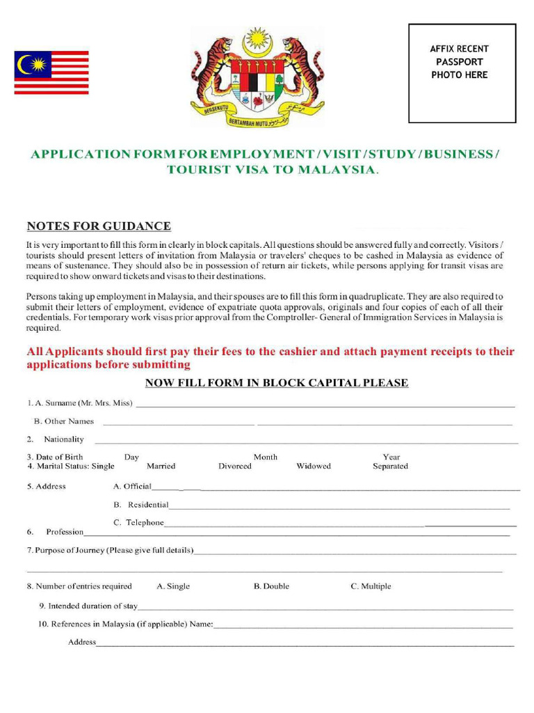 Malaysia Visa Application Form | PDF