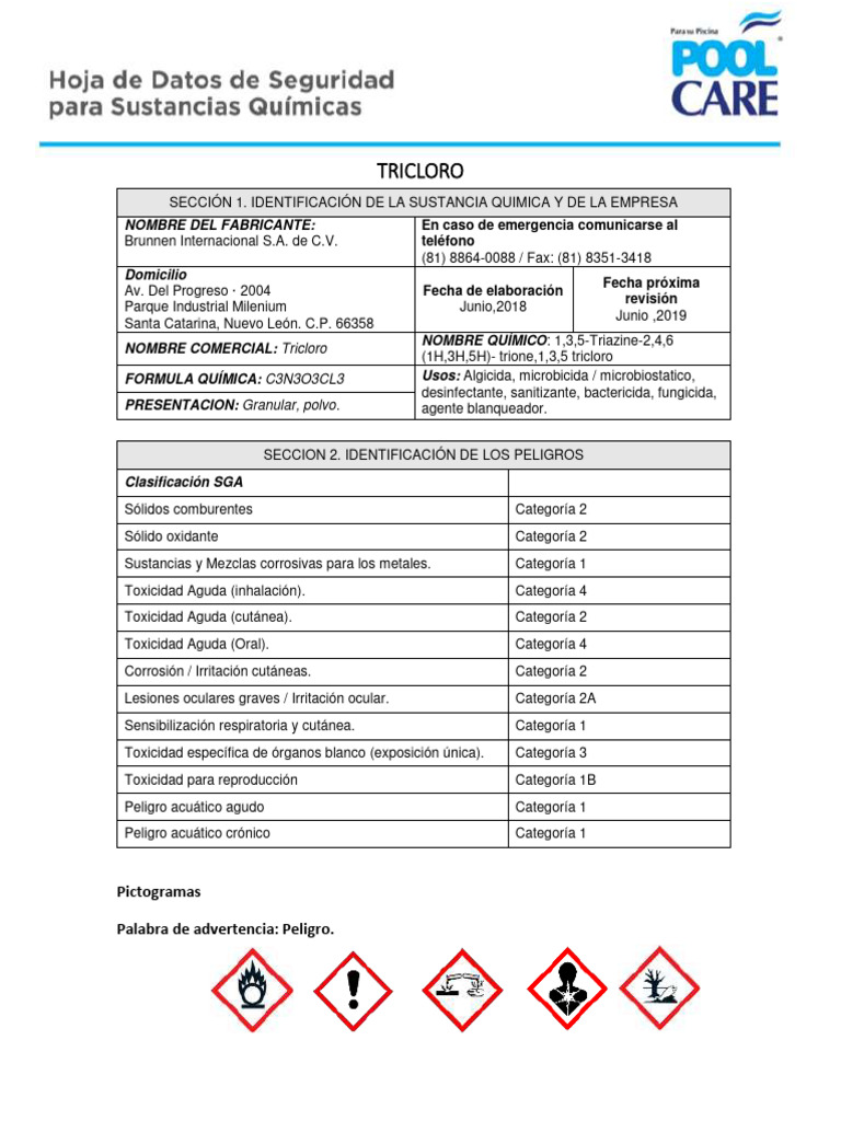 MSDS Tricloro Pool Care | PDF | Agua | Materiales