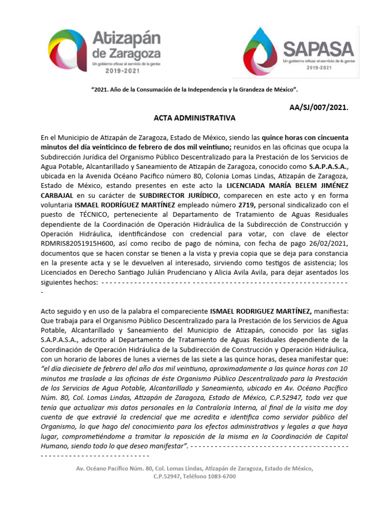 Acta Administrativa 007-2021 Ismael Rodriguez Martinez Perdida de Credencial de Sapasa | PDF ...