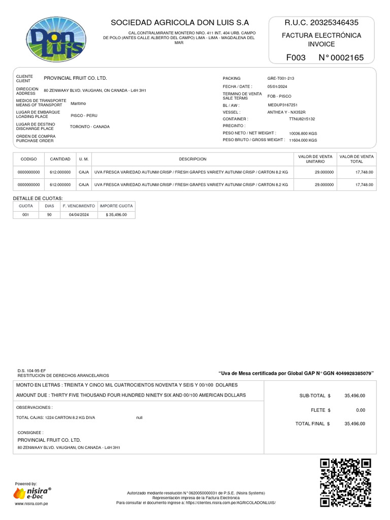R.U.C. 20325346435 Sociedad Agricola Don Luis S.A: Factura Electrónica Invoice | PDF ...
