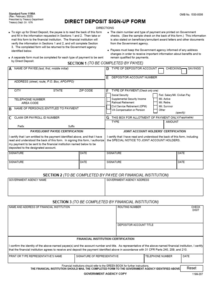 Standard Form 1199A - Direct Deposit Sign-Up Form | PDF | Payments ...