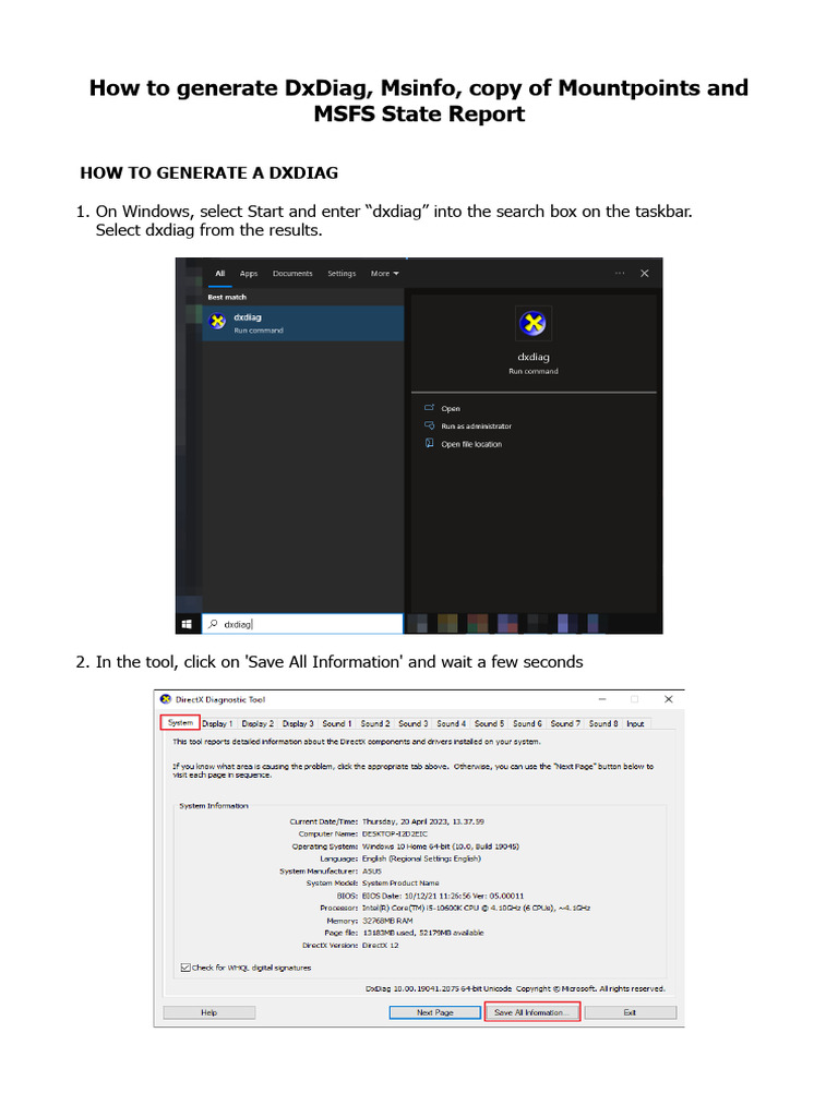 How To Generate DxDiag Msinfo Mountpoints and MSFS State Report | PDF
