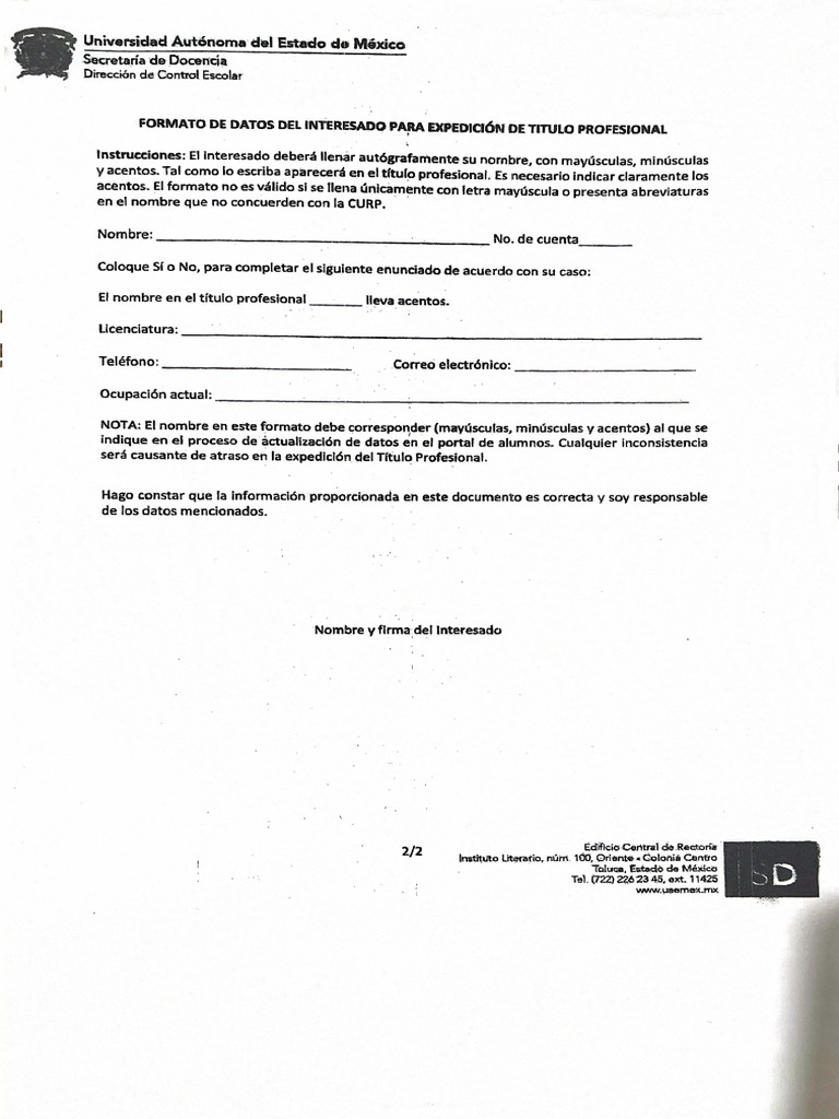 Formato de Datos Del Interesado para Expedición de Titulo Profe | PDF