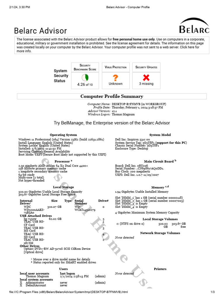 Belarc Advisor - Computer Profile | PDF | I Pv6 | Microsoft Windows