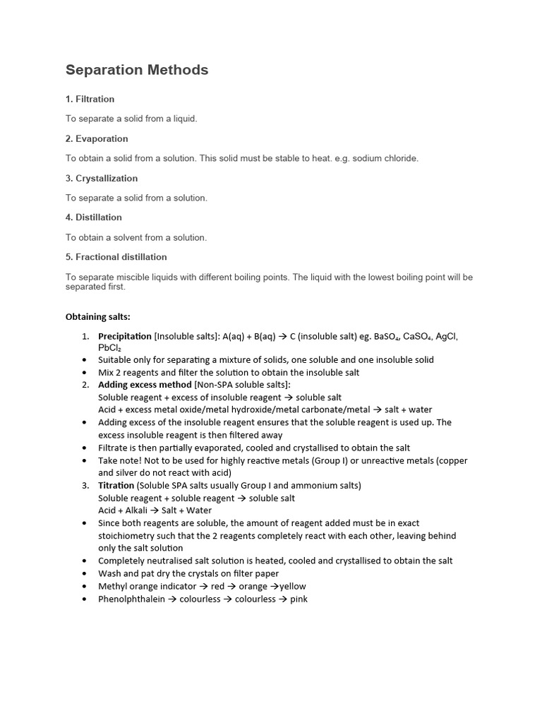 Chem O Level Notes | PDF | Solubility | Salt (Chemistry)