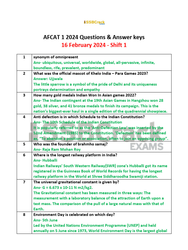 AFCAT 1 2024 Questions Answerkeys 16 Feb 2024 Shift 1 3 | PDF | Strait ...