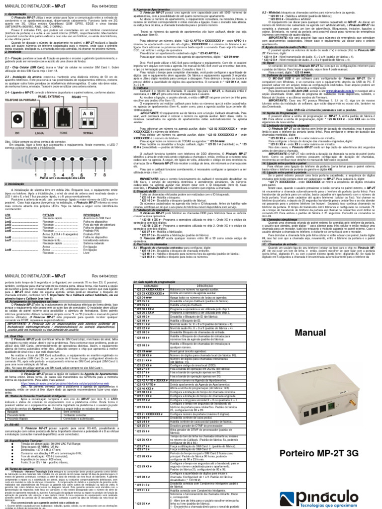 Instalacao e Operacao PORTEIRO MP2T | PDF | USB | 3G