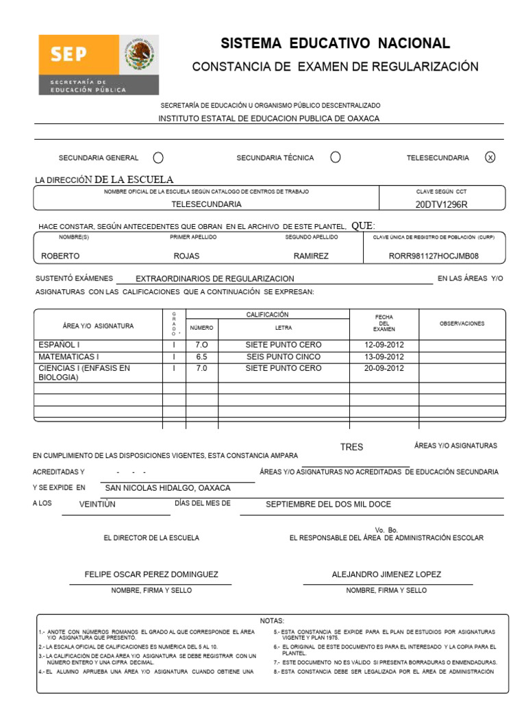 Constancia de Examen de Regularización | PDF