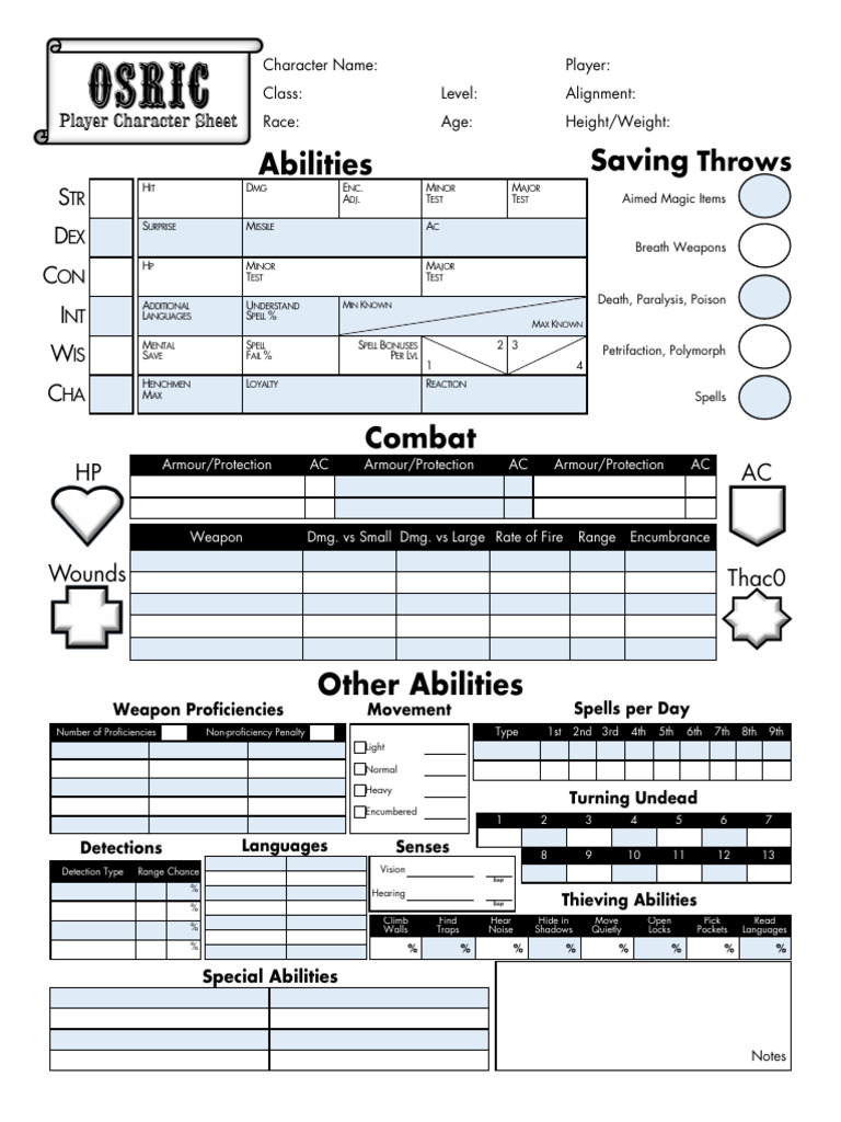 OSRIC Player Character Sheet | PDF