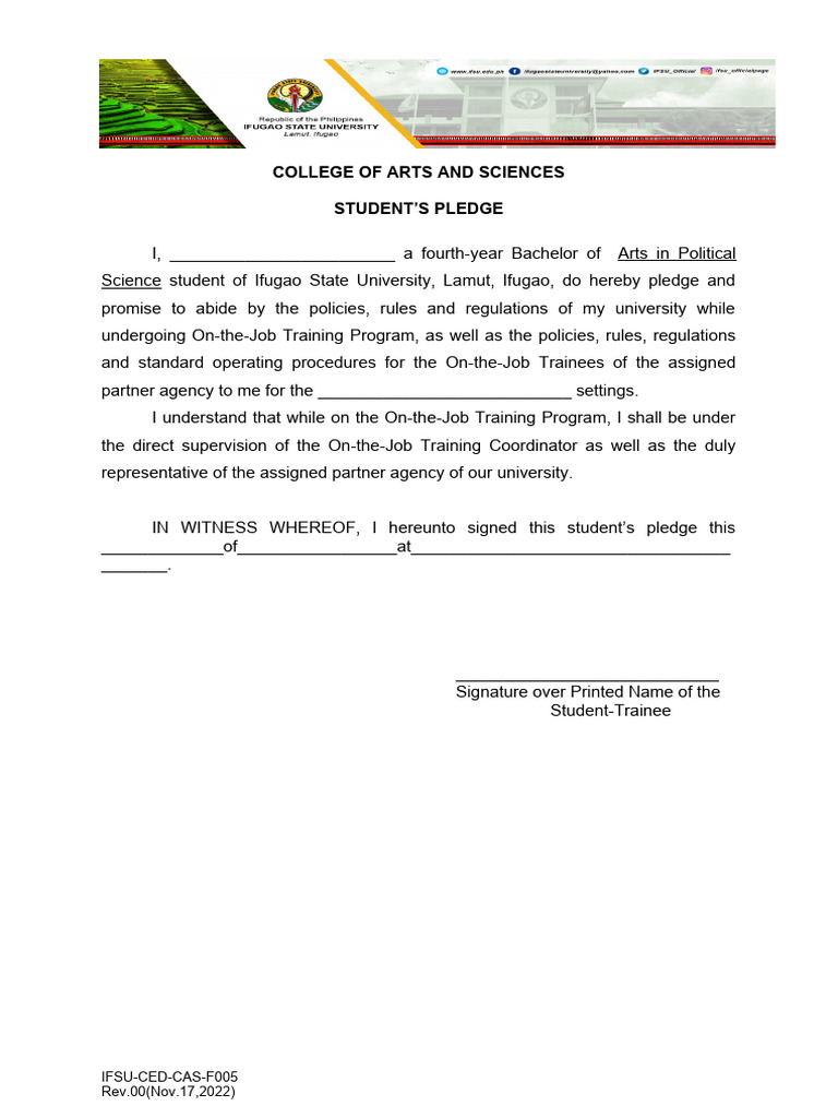 Student Pledge for On-the-Job Training | PDF