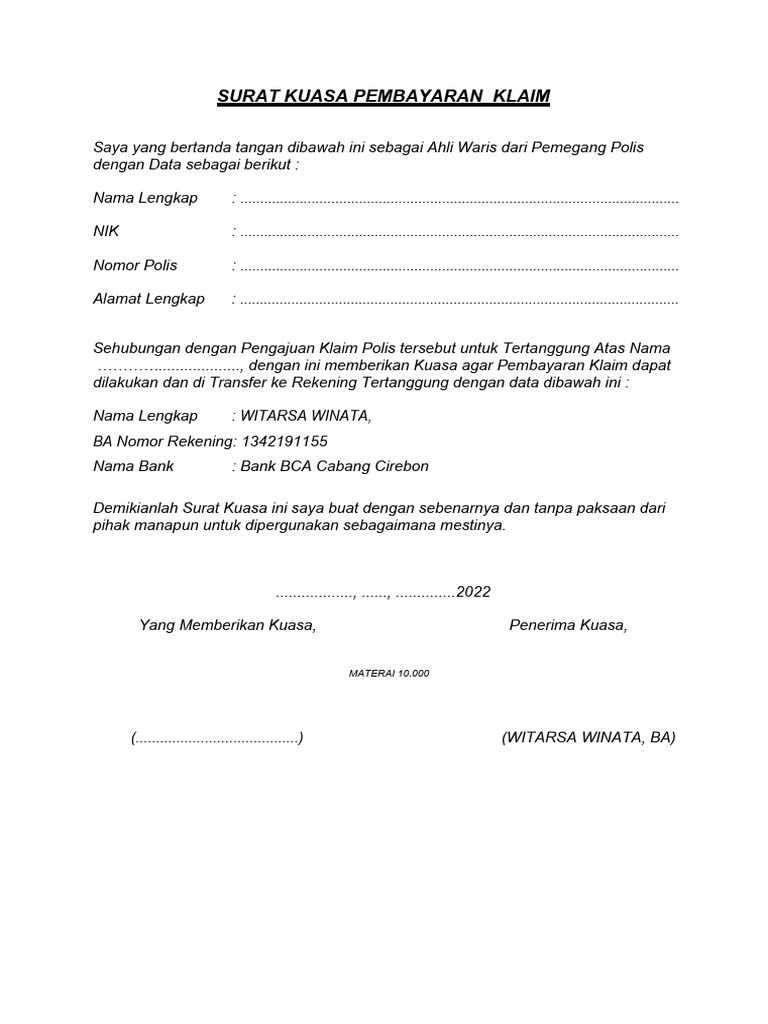 Surat Kuasa Bill Klaim Asuransi Dikonversi Pdf
