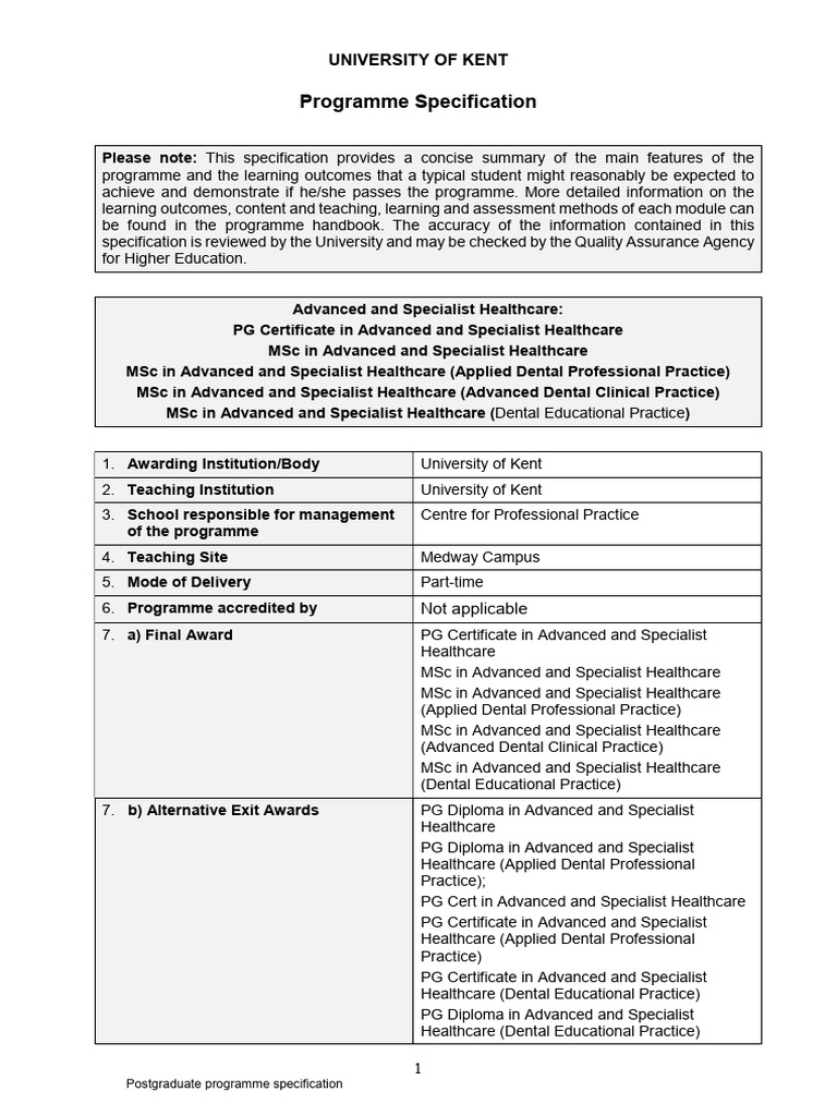 MSC in Advanced and Specialst Healthcare Programme of Study Specification (University of Kent ...