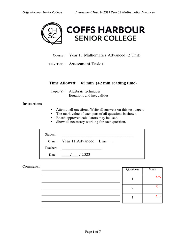 Yr11 Adv Task 1 Progress Test 2023 | PDF | Mathematical Concepts ...