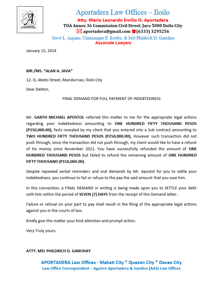 Demand Letter For Mr. Alan A. Java | PDF