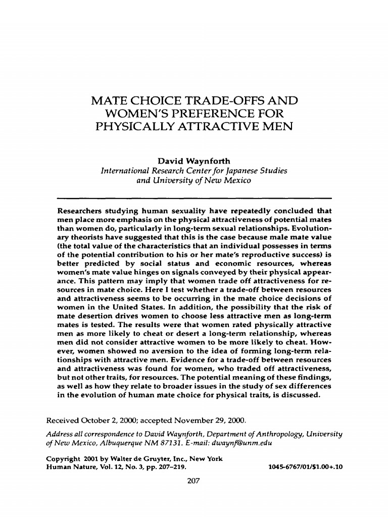 Mate Choice Trade-Offs and Women's Preference For Physically Attractive ...