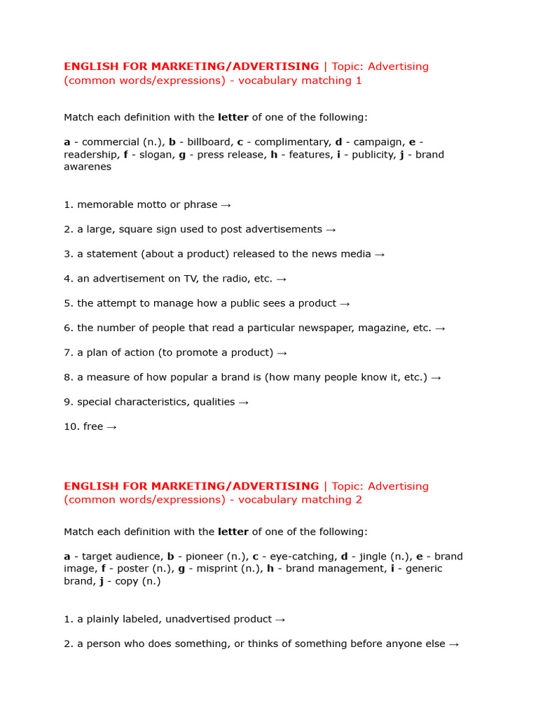 Vocabulary for Marketing & Advertising | PDF