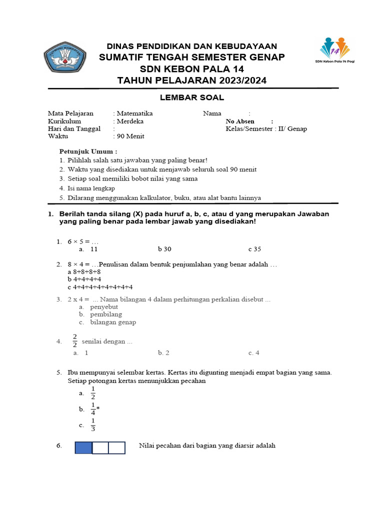 PTS Matematika Kelas 2 Semester 2 Kumer | PDF