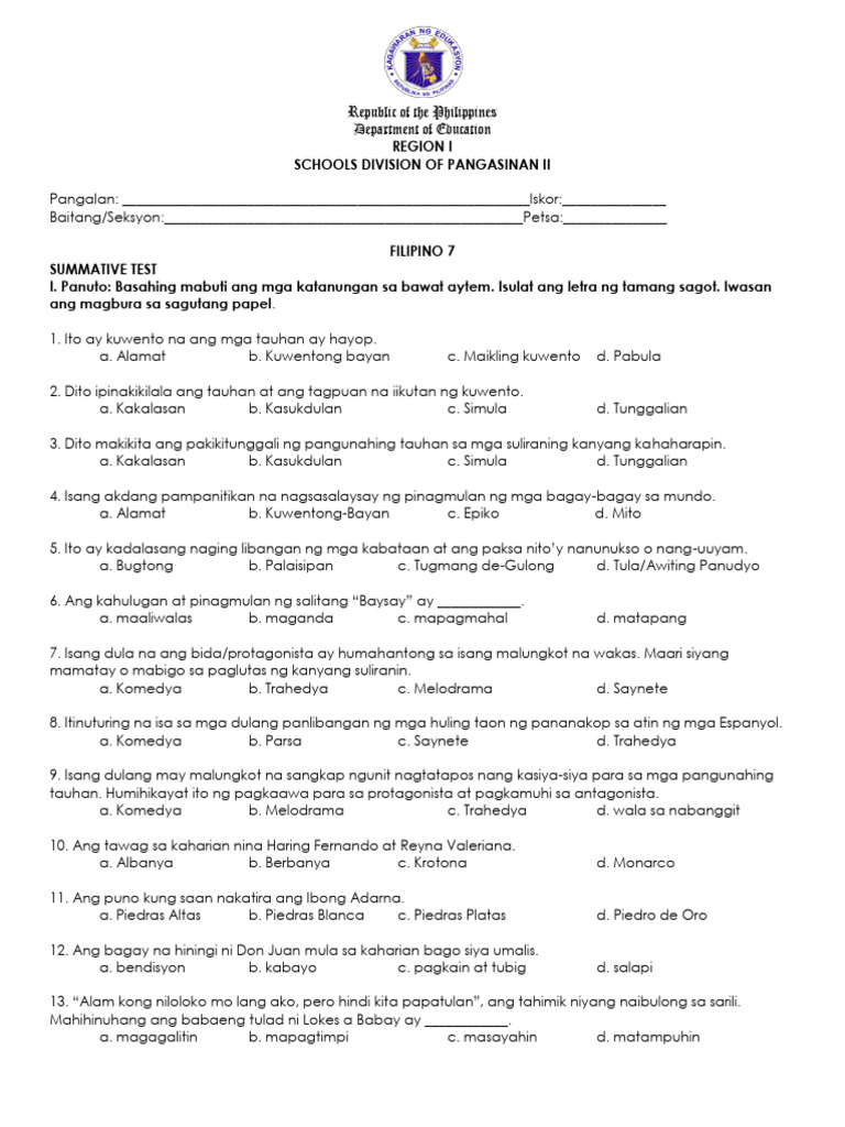 Summative Test Filipino 7 | PDF