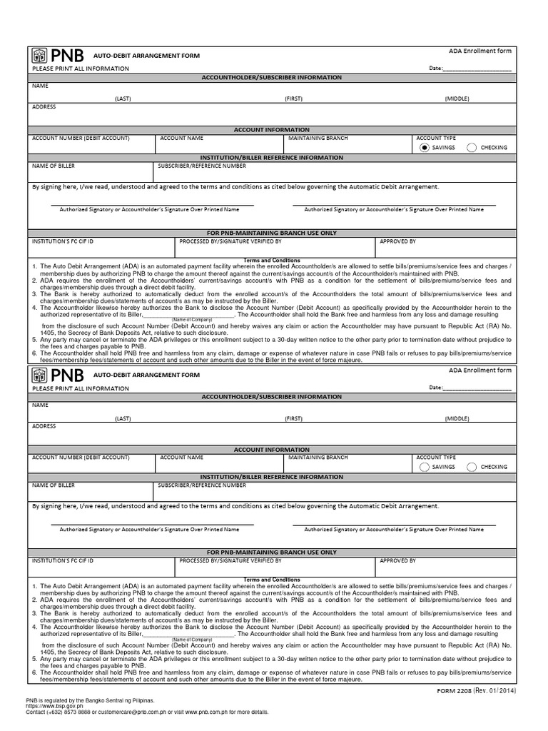 PNB-Auto-Debit-Arrangement-Form | PDF | Debit Card | Fee
