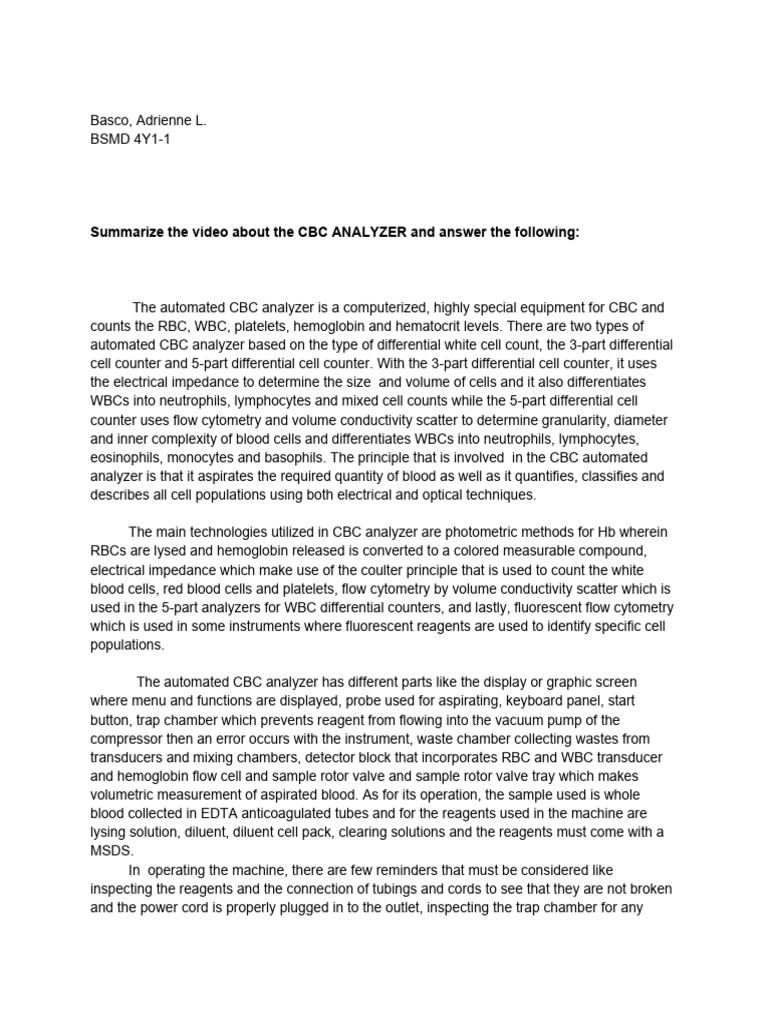 Automated CBC Analyzer | PDF | White Blood Cell | Body Fluids