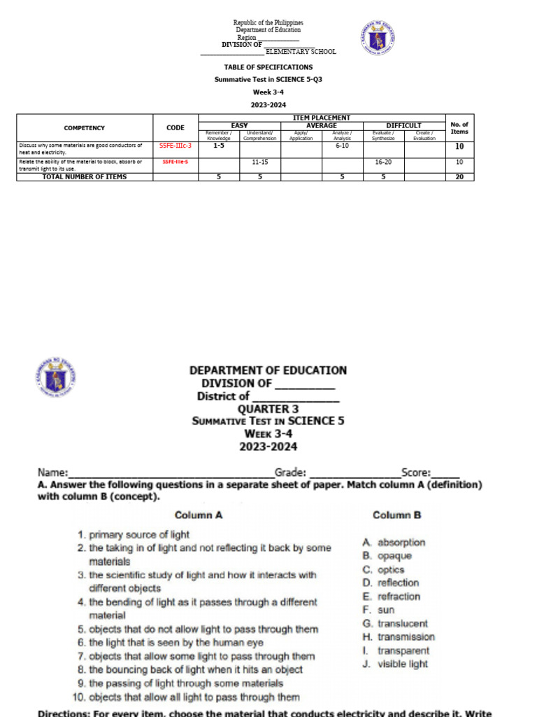 ST2 - Science 5 - Q3 | PDF | Electrical Conductor | Metals