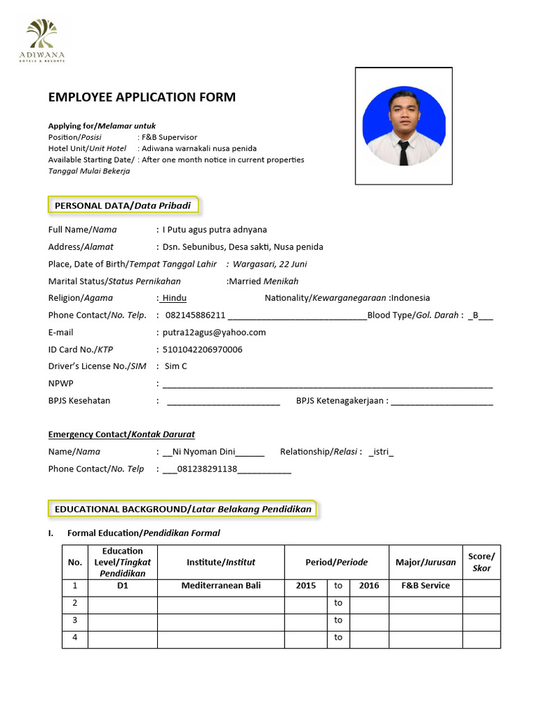Adiwana Employee Application Form | PDF