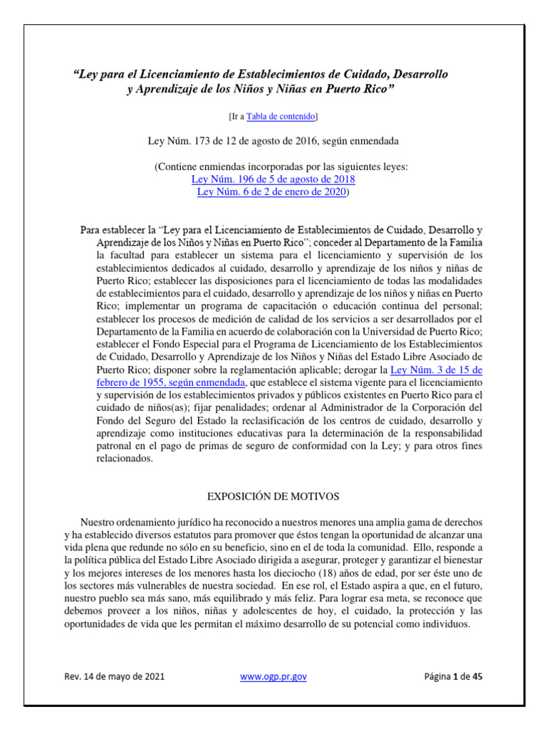 Ley para el Licenciamiento de Establecimientos de Cuidado, Desarrollo y ...