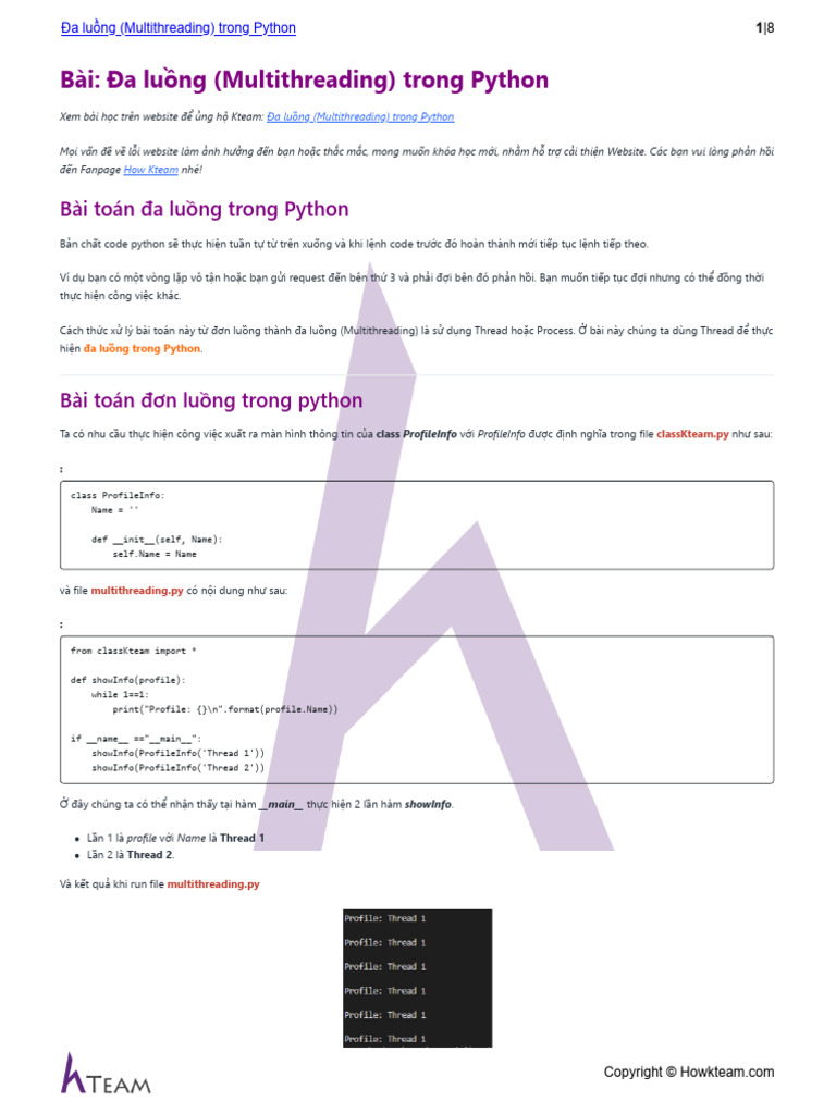 HOWKTEAM.VN - Đa luồng (Multithreading) trong Python | PDF HOWKTEAM.VN - Đa luồng (Multithreading) trong Python | PDF