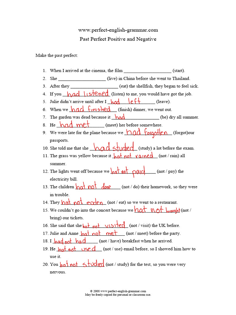 Past Perfect Simple Form Positive and Negative | PDF