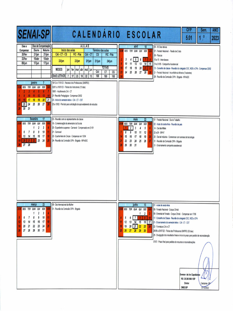 Calendario Escolar 1° e 2° Semestre 2023 | PDF