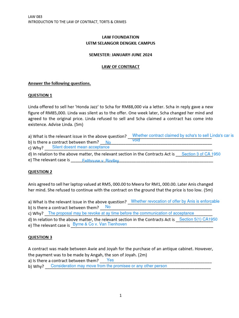 Law083 Tutorial | PDF | Legal Concepts | Contract Law