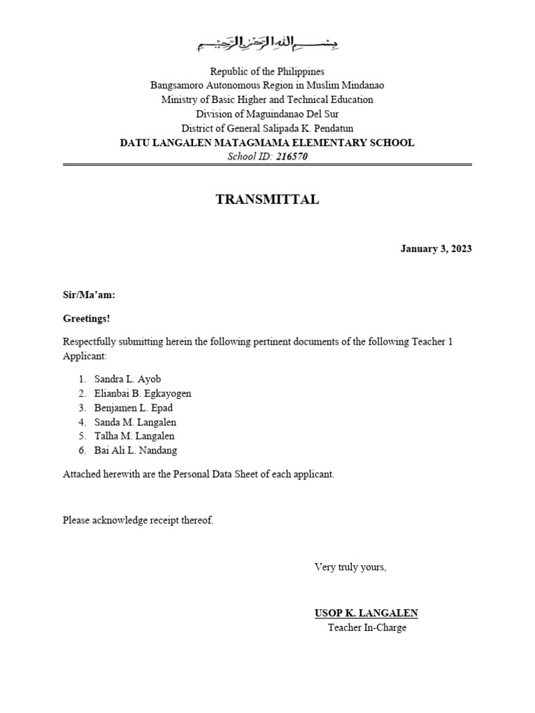 DepEd Transmittal for Teacher Applicants | PDF