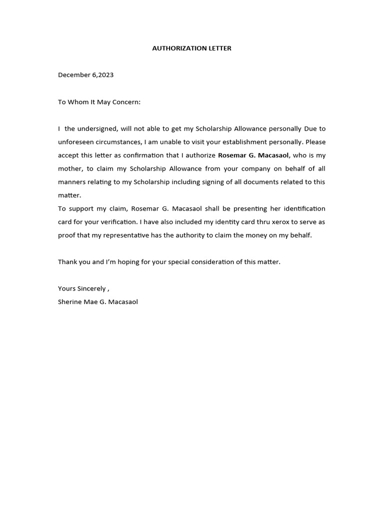 Authorization Letter for Scholarship Allowance | PDF | Law