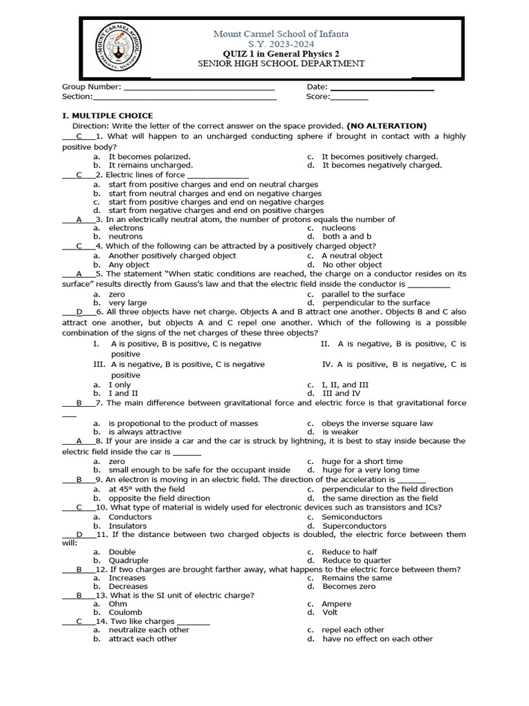QUIZ 1 Answer Key Partial | PDF | Electric Charge | Electron