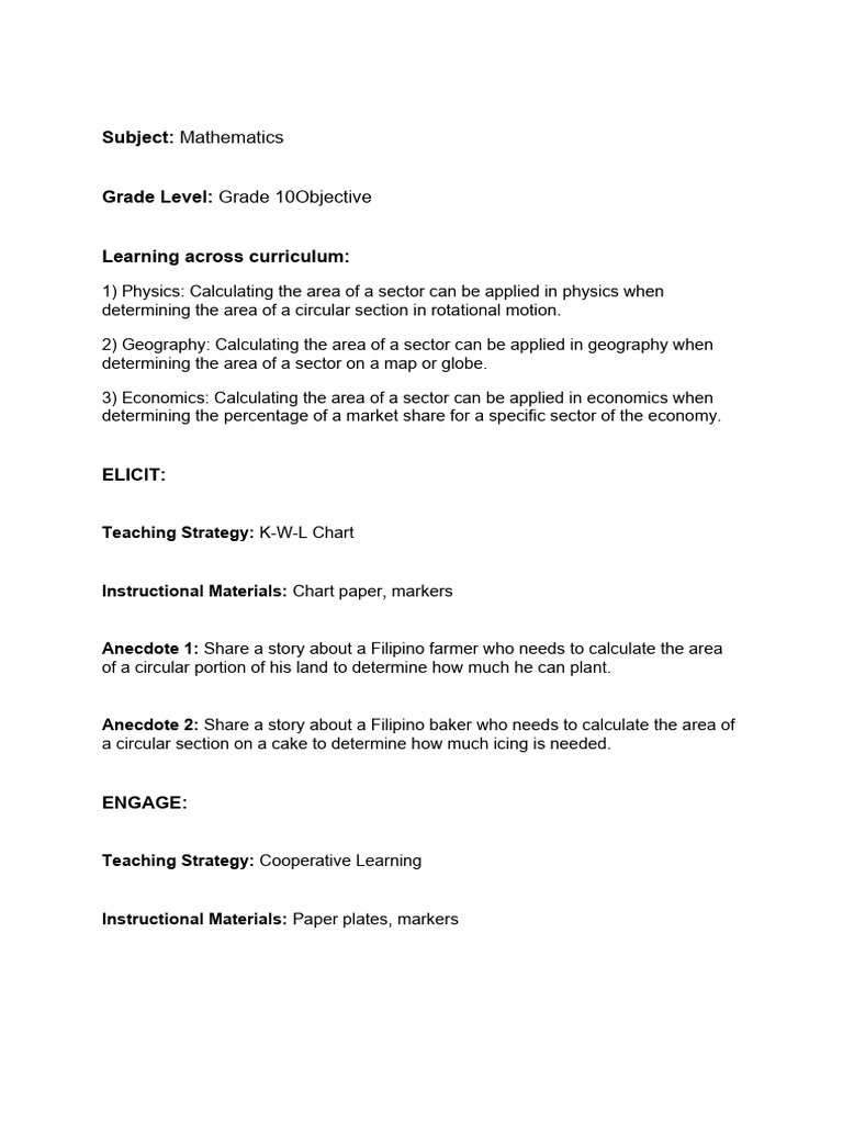 Area Of A Sector Pdf Area Learning