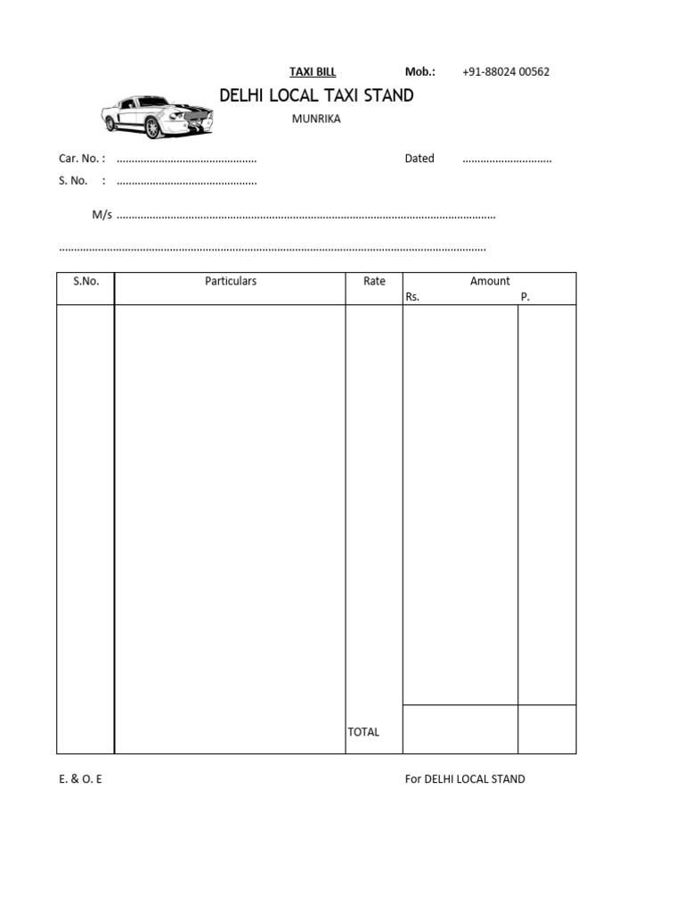 Delhi Taxi Bill Format Template | PDF