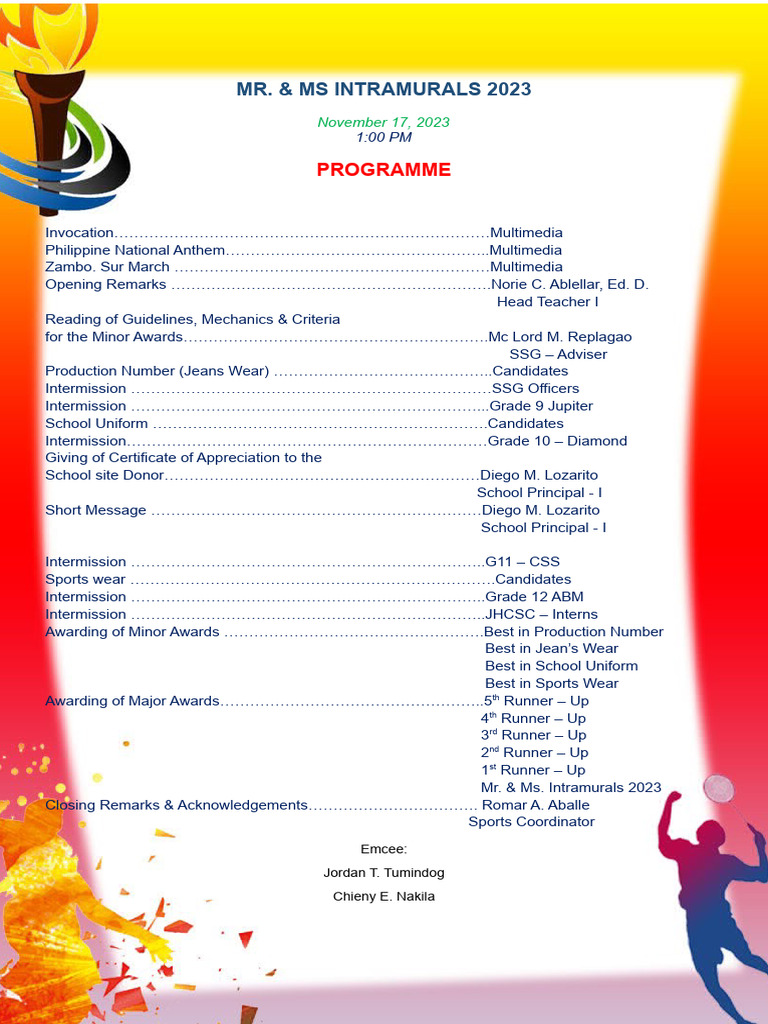 School Intramurals Pageant 2023 | PDF | Games & Activities
