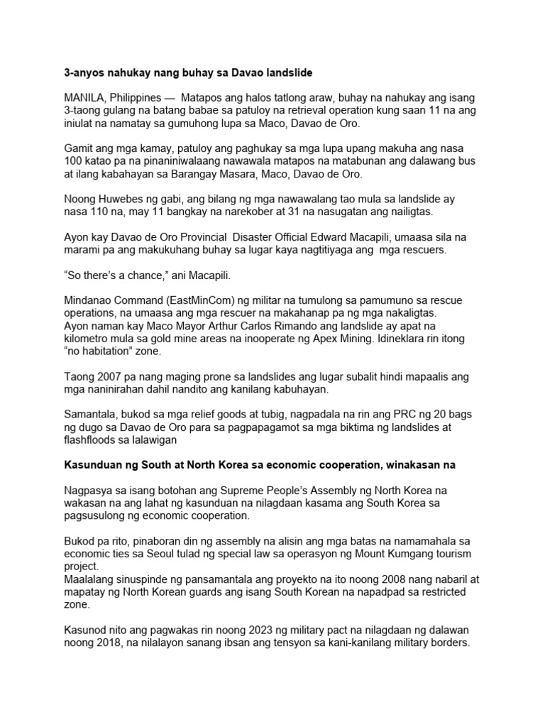 3-Anyos Nahukay Nang Buhay Sa Davao Landslide | PDF