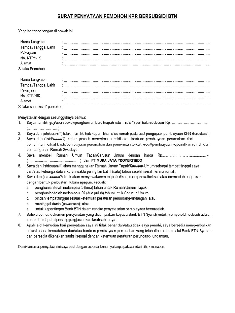 Surat Pernyataan KPR Bersubsidi BTN | PDF | Politik