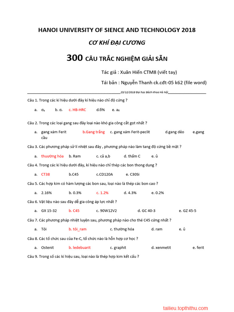 (Topthithu - Com) Tong Hop 300 Cau Hoi Trac Nghiem Mon Co Khi Dai Cuong - Dai Hoc Bach Khoa Ha ...