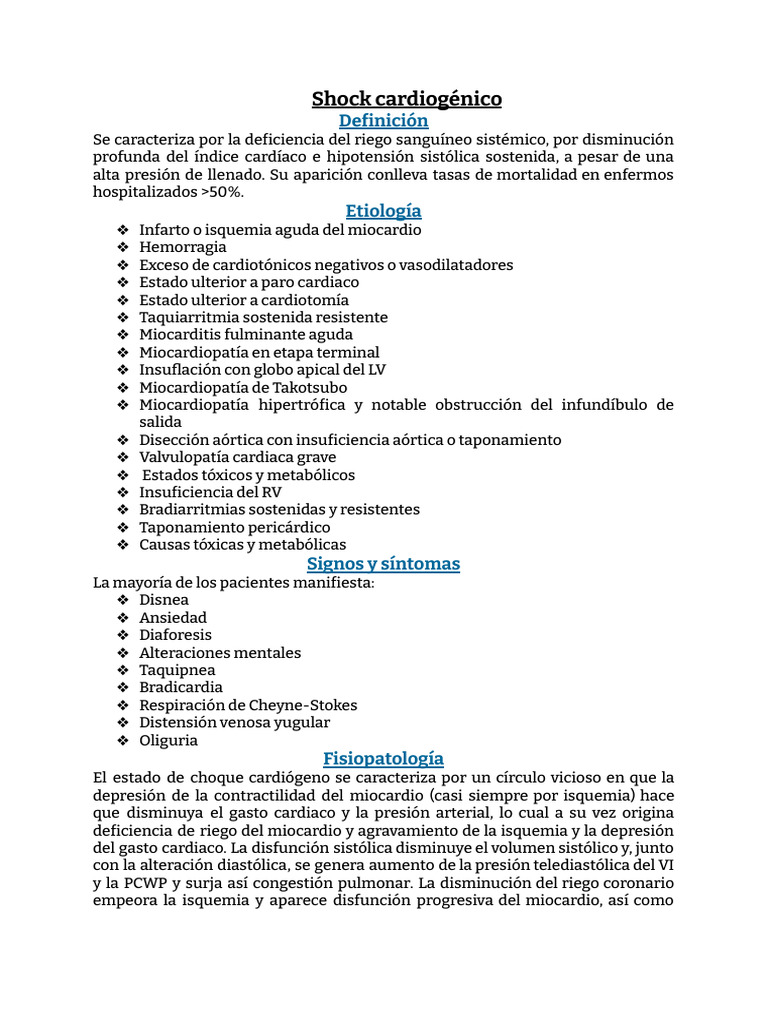 Shock cardiogénico: causas y tratamiento | PDF