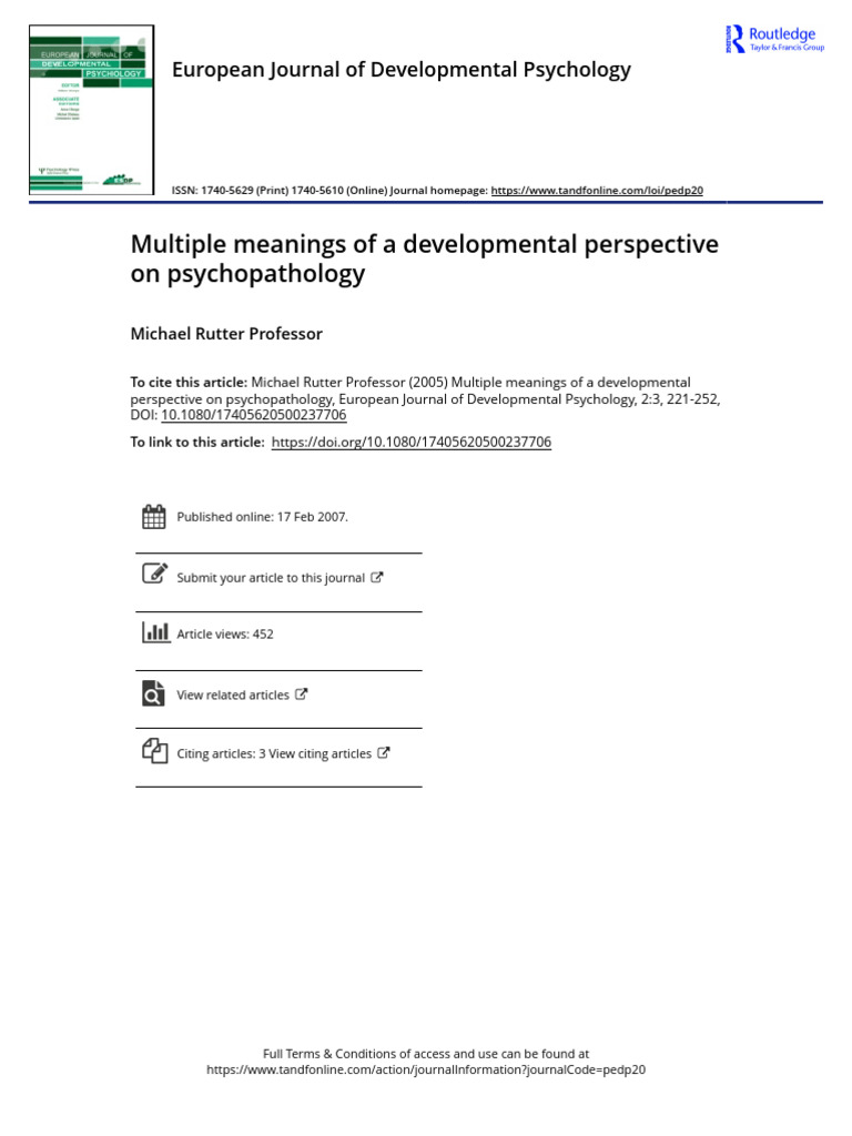 Multiple Meanings of A Developmental Perspective On Psychopathology ...