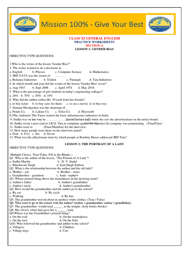 Revision Practice Sheets Class 11 TH | PDF | Verb | Noun