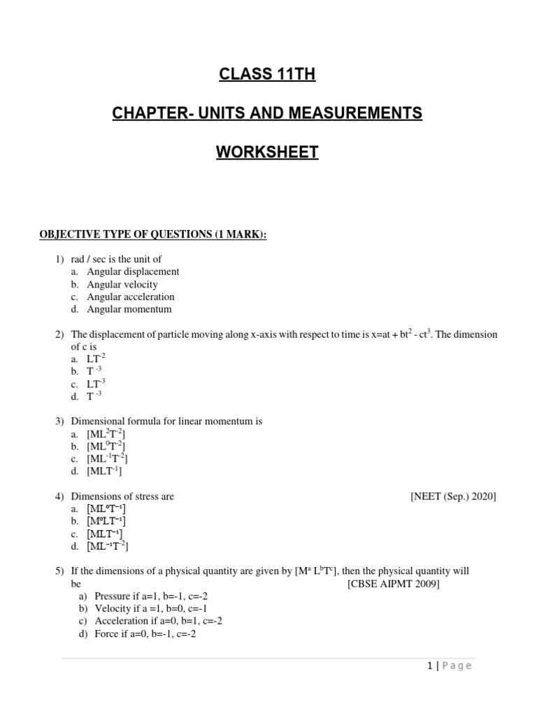 Class 11 Physics Worksheet | PDF | Force | International System Of Units