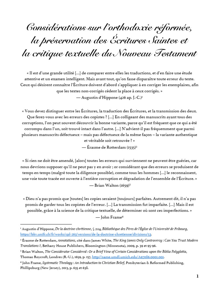 Considérations Sur L'orthodoxie Réformée Et La Critique Textuelle Du N ...