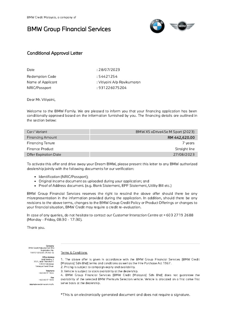 Conditional Approval Letter | PDF | Bmw | Economies